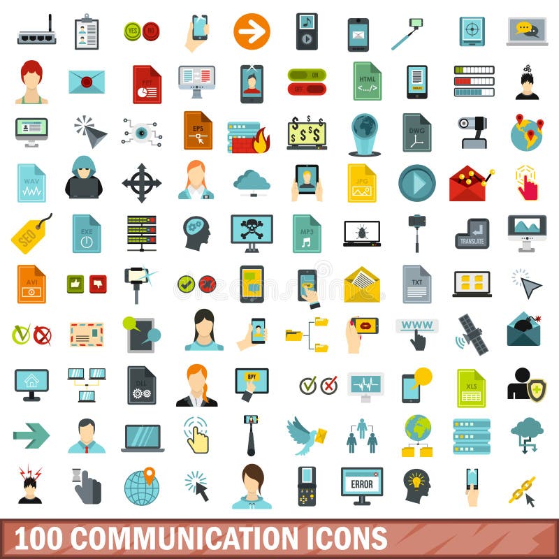 100 Communication Icons Set, Flat Style Stock Vector - Illustration of ...