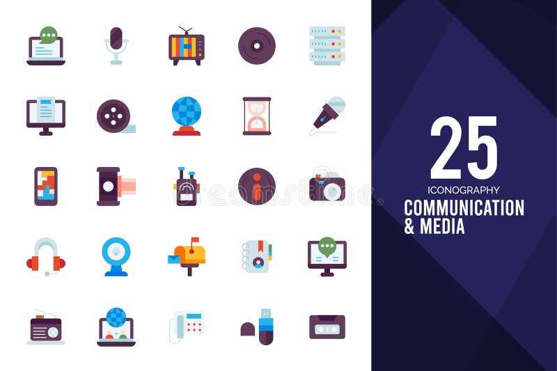 25 Communication and Media Lineal Color Icon Pack. Vector Illustration ...