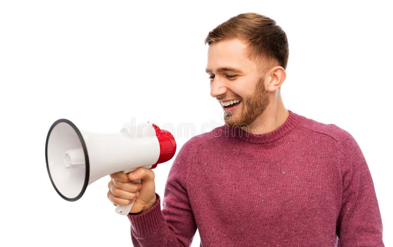 Smiling man with megaphone stock image. Image of speaking - 132927271