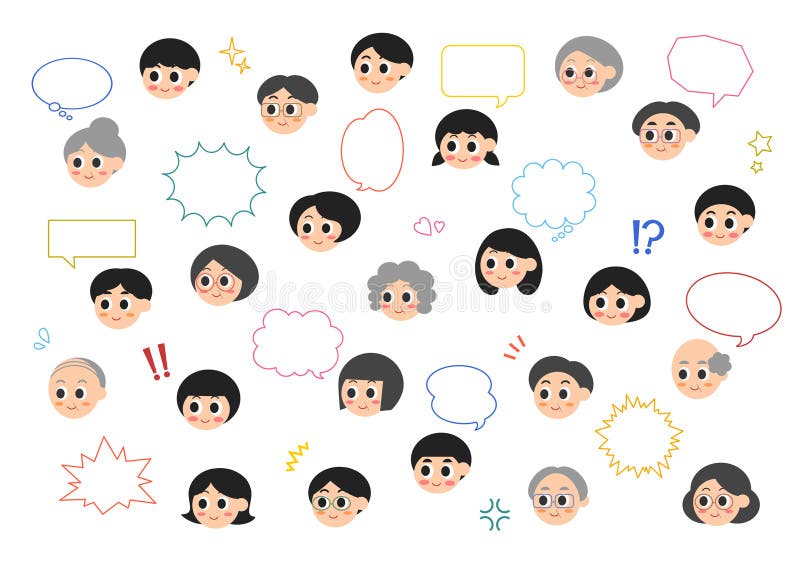 Communication of People. Face Icons with Speech Bubbles. Vector ...
