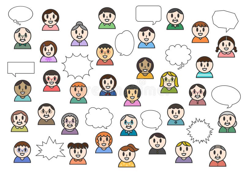 Communication of People. Face Icons with Speech Bubbles. Vector ...