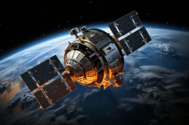Communication Satellite in Earth Orbit with Solar Panels Deployed Stock ...