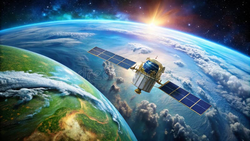 A Communication Satellite Orbits a Vibrant Planet, Solar Panels ...