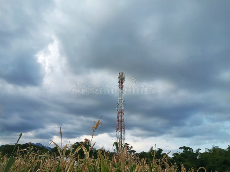 The Communication Signal Tower Rises High into the Sky during the Hot ...