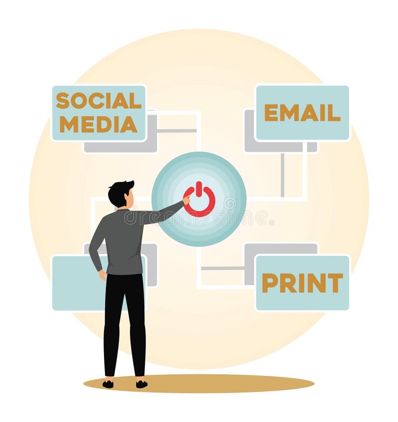 Communication Strategy Concept. Man Interacting with Digital Dashboard ...
