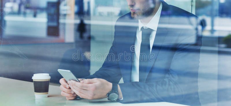 Communication Technology Banner, Businessman Using Smartphone Stock ...