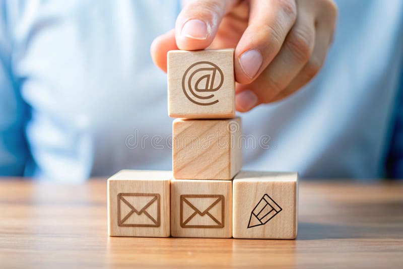 Communication and Technology Concept with Wooden Block Symbols Stock ...