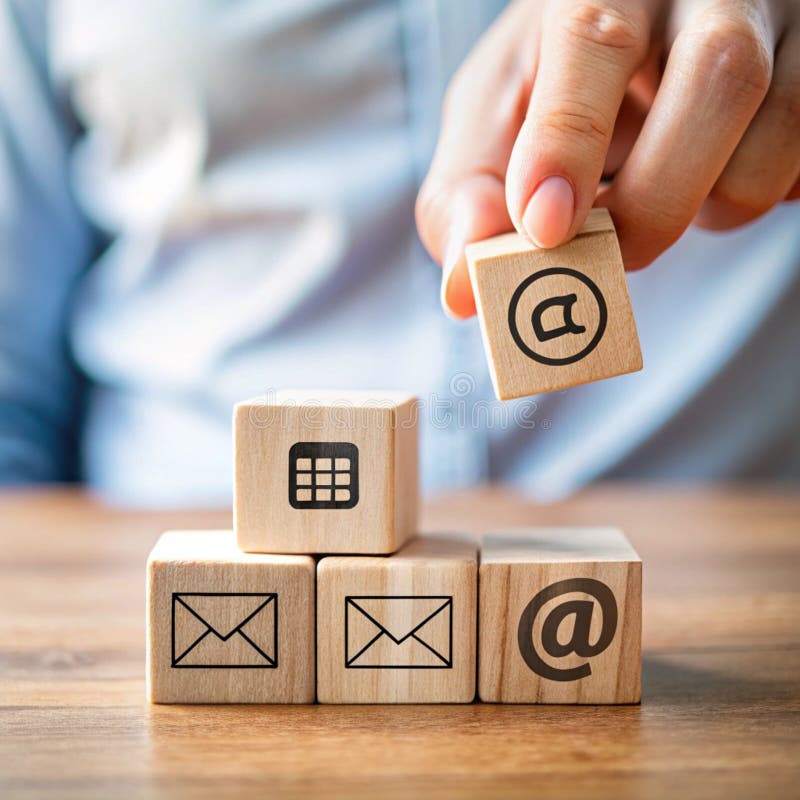 Communication and Technology Concept with Wooden Block Symbols Stock ...