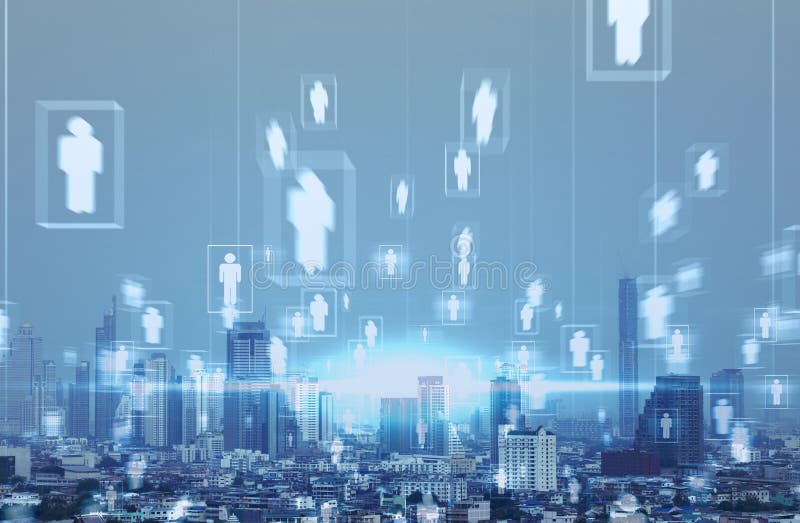 Communication Technology Digital Network on City Background, Network ...