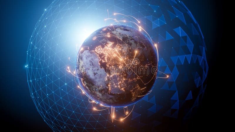 Digital Earth Line Orange Light Communication Network Background Stock ...