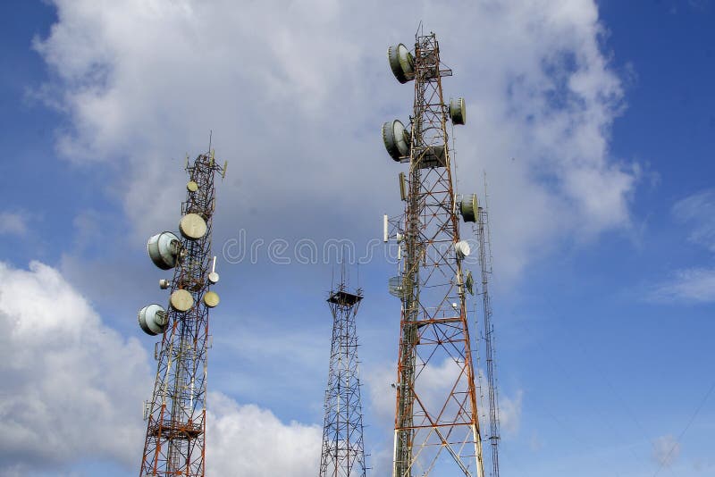 Communication and Telecommunication Pole in Nature on Blue Sky at Asia ...