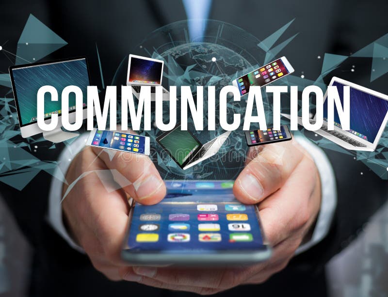 Communication Title Surounded by Device Like Smartphone, Tablet Stock ...