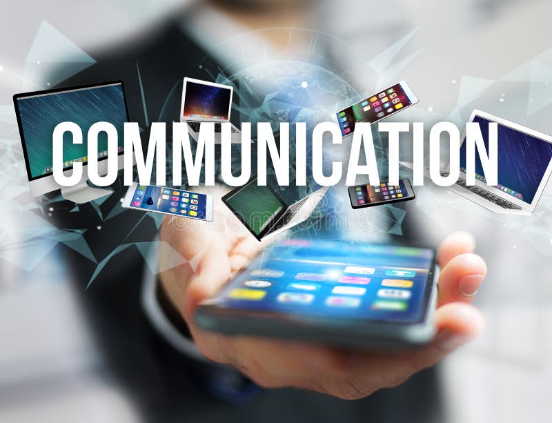 Communication Title Surounded by Device Like Smartphone, Tablet Stock ...