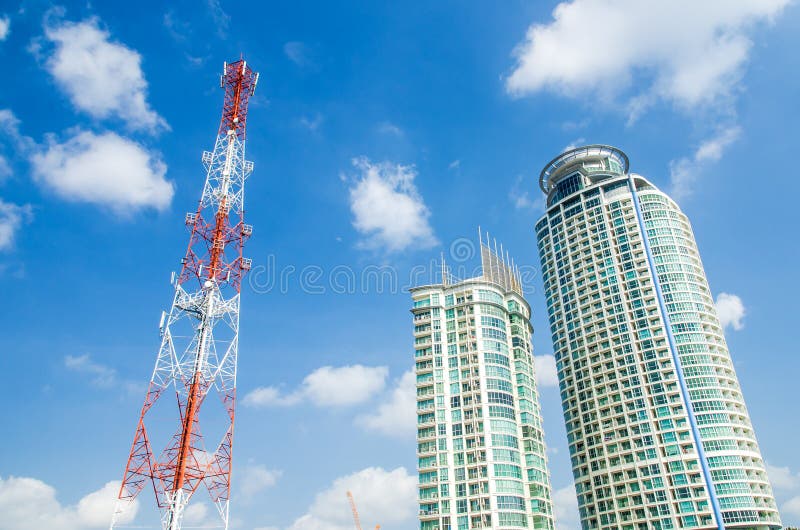 Communication Tower and Building Stock Photo - Image of data, downtown ...