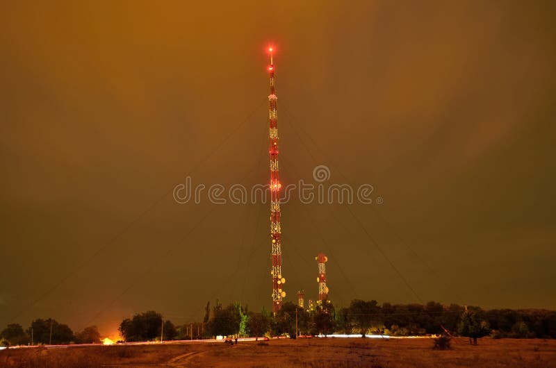 Communication Tower at Night Stock Photo - Image of wirelessly, antenna ...