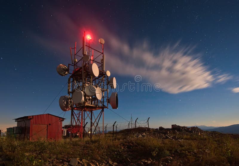 Communication Tower at Night. Stock Photo - Image of telecom ...