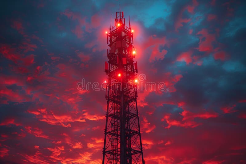 A Communication Tower with Red Lights Against the Night Sky Creates a ...