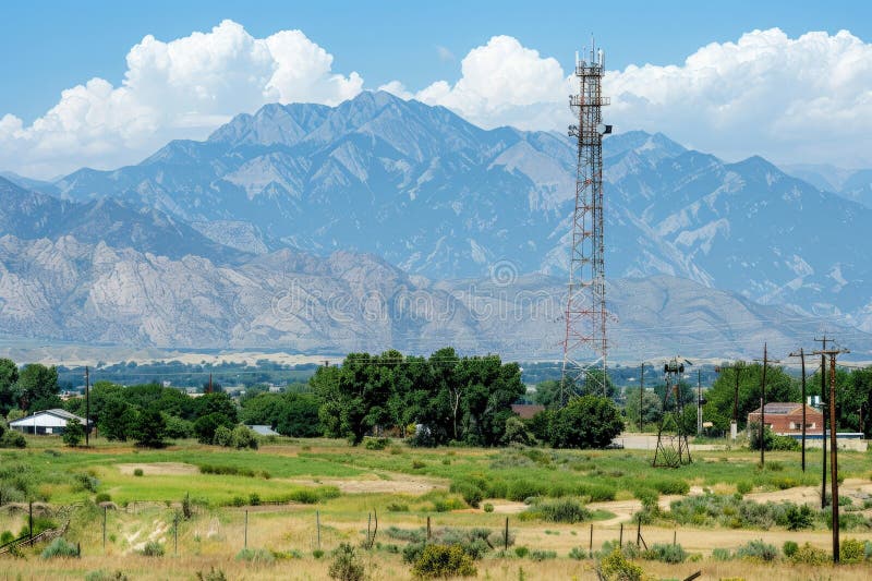 Communication Tower in Rural Landscape with Majestic Mountains Stock ...
