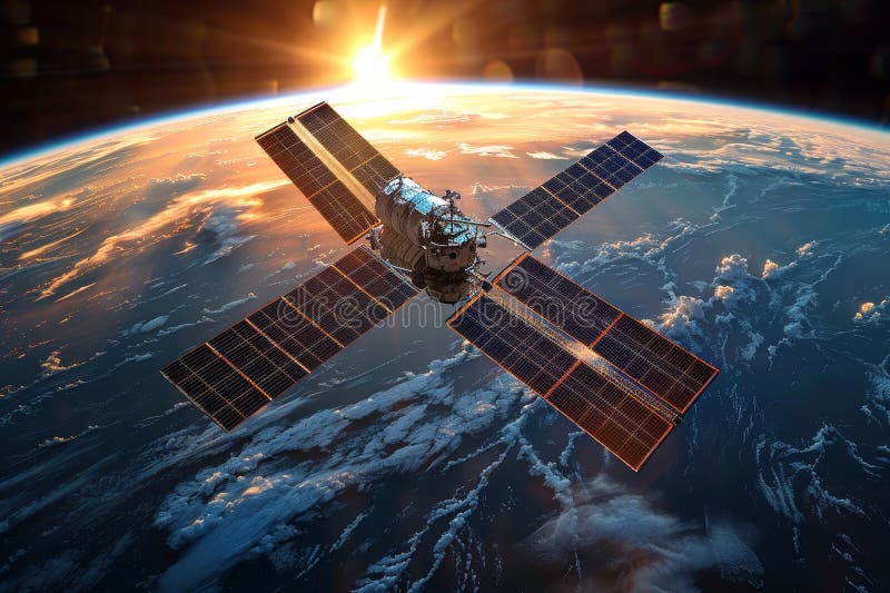 Earth Observation Satellite in the Orbit at Sunrise with Deployed Solar ...