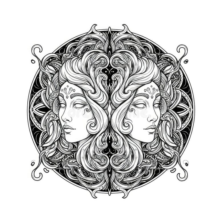 Connected Gemini Twins Mandala Illustration Featuring Mirrored Visages ...