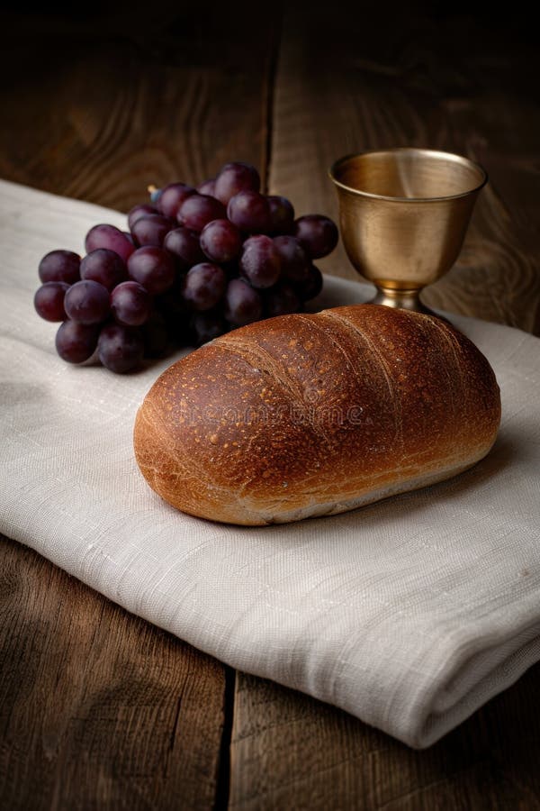 Communion Bread and Wine on Wooden Table Stock Illustration ...