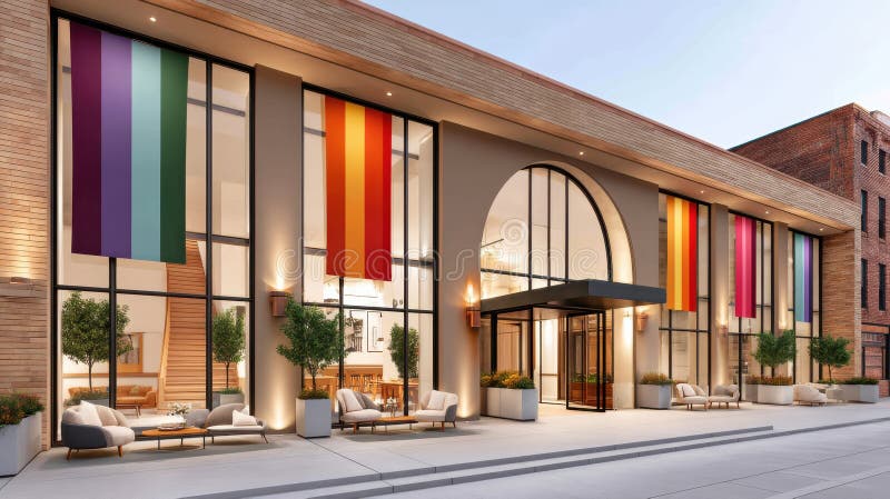 Modern Community Center Building Exterior Adorned with Vibrant Pride ...