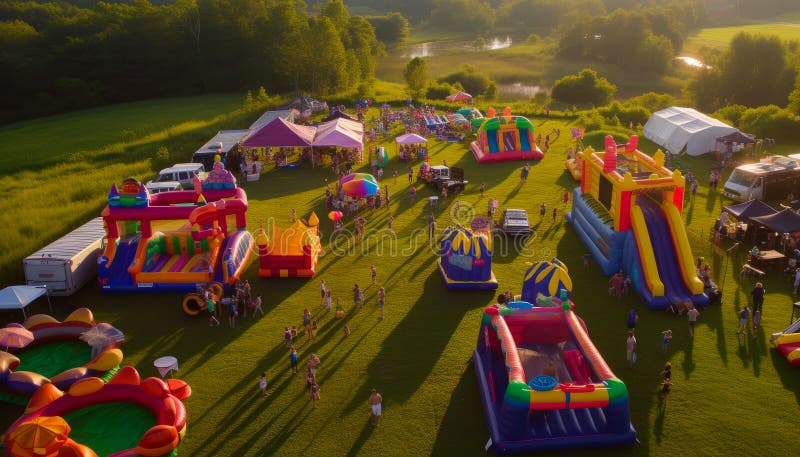 Community Fair with Colorful Inflatables and Vendor Tents. Stock ...