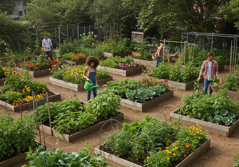 A Community Garden Features Several Rectangular Raised Beds Filled with ...