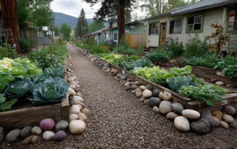 Community Garden Path with Cabbage Plants Stock Illustration ...