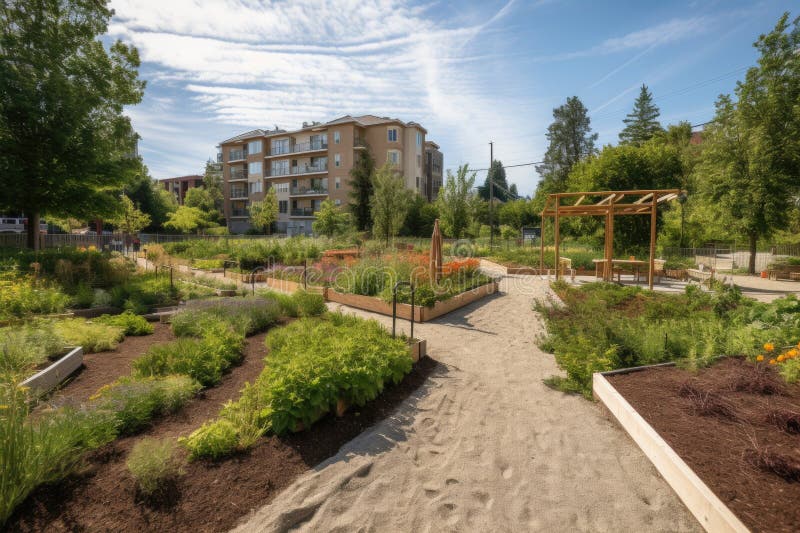 Community Garden with Paths, Plants and Flowers Stock Photo - Image of ...