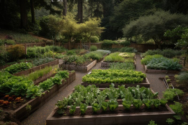 Community Garden, with Rows of Vegetables and Herbs Growing Stock ...