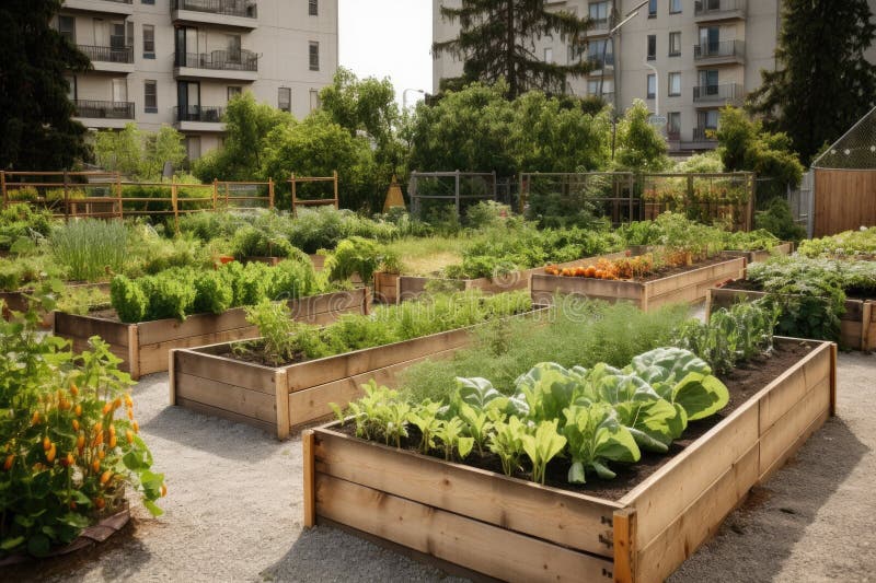 Community Garden, with Vegetables and Herbs Growing in Raised Beds ...
