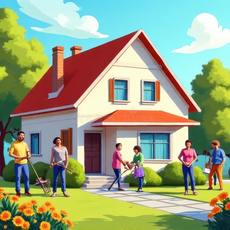 Community Gardening Day at a Charming Suburban Home Stock Illustration ...