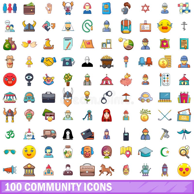 100 Community Icons Set, Cartoon Style Stock Vector - Illustration of ...