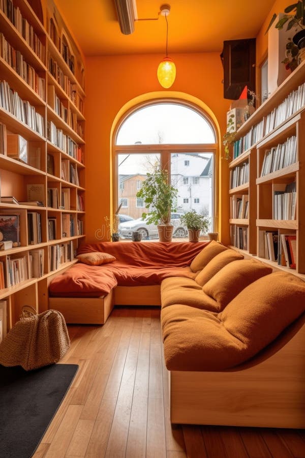 Library with Reading Area, Comfy Armchairs, and Cozy Lamps Stock ...