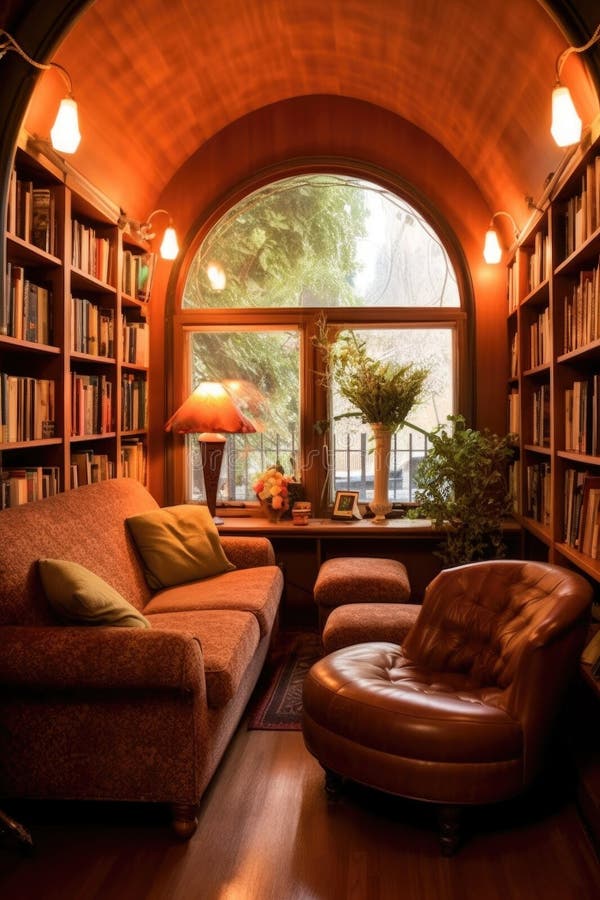Library with Reading Area, Comfy Armchairs, and Cozy Lamps Stock ...