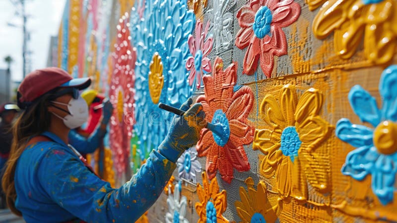 Community Members Painting a Mural Together. Stock Image - Image of ...