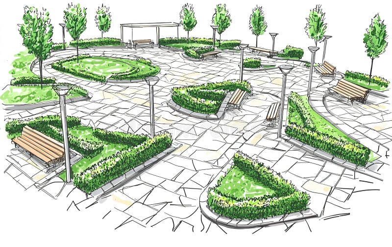 Community Park Design Featuring Pathways and Decorative Greenery ...