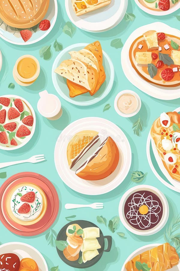 Community Potluck, Table with Various Dishes, Flat Design Illustration ...