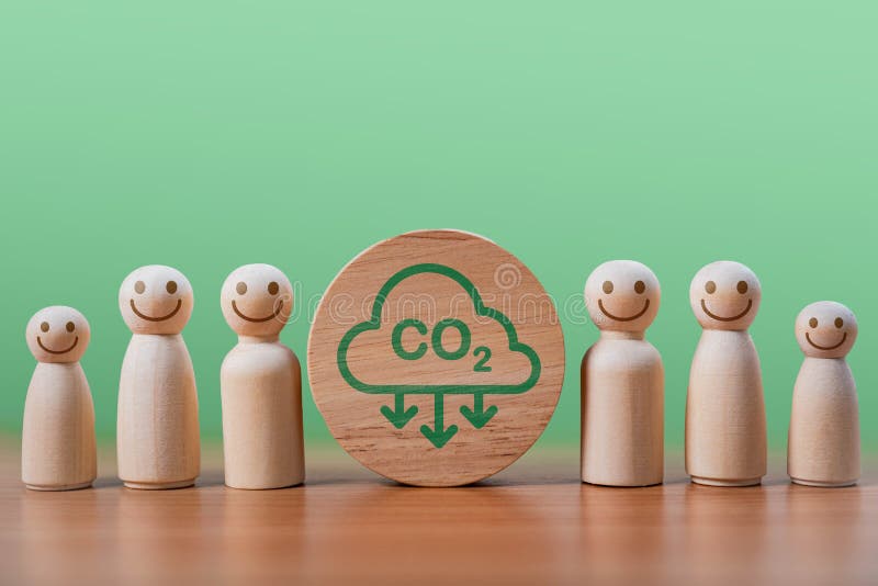 Community Supporting CO2 Emissions Reduction, Wooden Figures with ...
