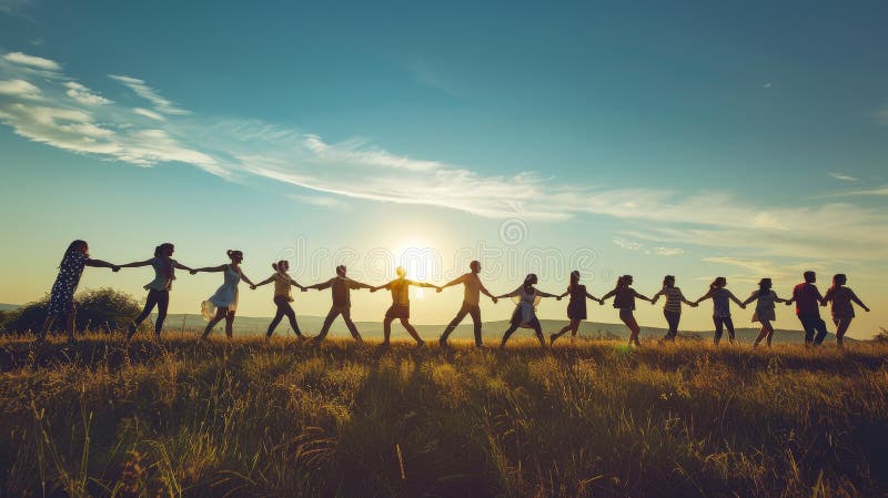 Community Unity at Sunset a Harmonious Group of People Holding Hands in ...