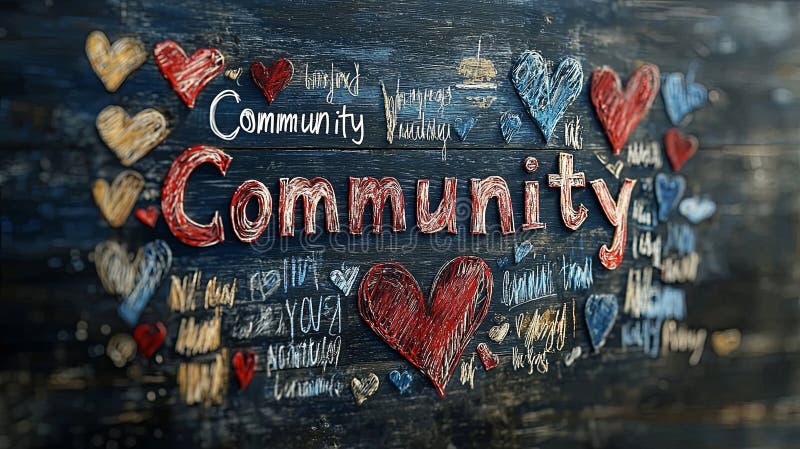 Community Word Cloud with Hand Drawn Colorful Hearts Stock Illustration ...