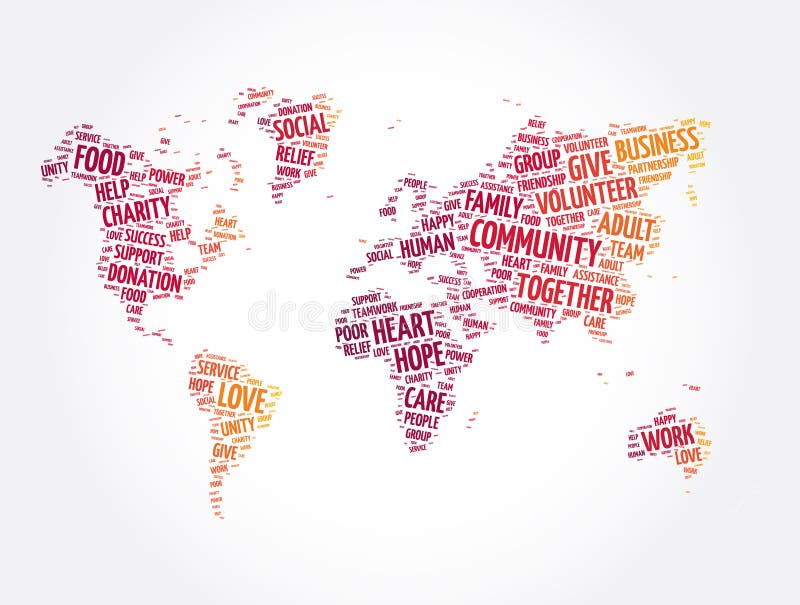 Community Word Cloud in Shape of World Map, Social Concept Background ...
