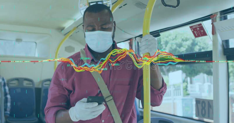 Commuter Gripping Rail Checking Phone Messages with Data Waveforms ...