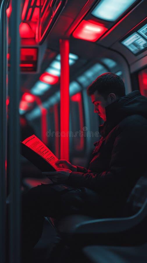 Commuter Reading Under Dim Emergency Lights on a Train during a ...
