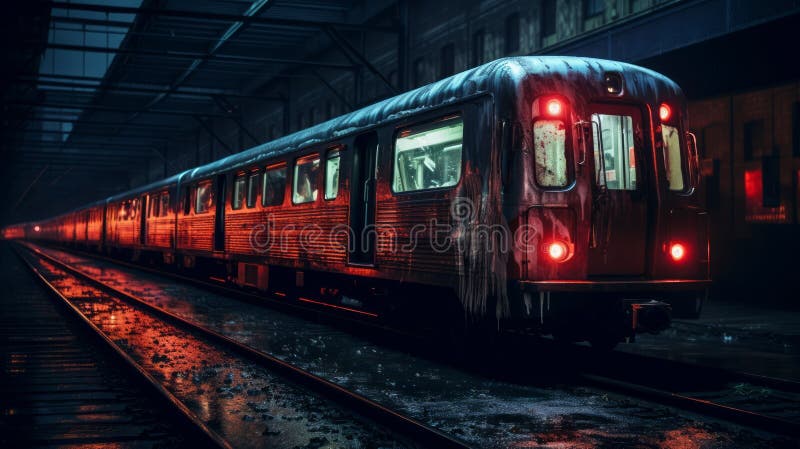 Commuter Train at Metro Railway Station at Night. Neural Network Ai ...