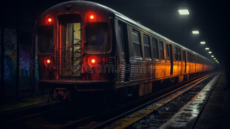 Commuter Train at Metro Railway Station at Night. Neural Network Ai ...