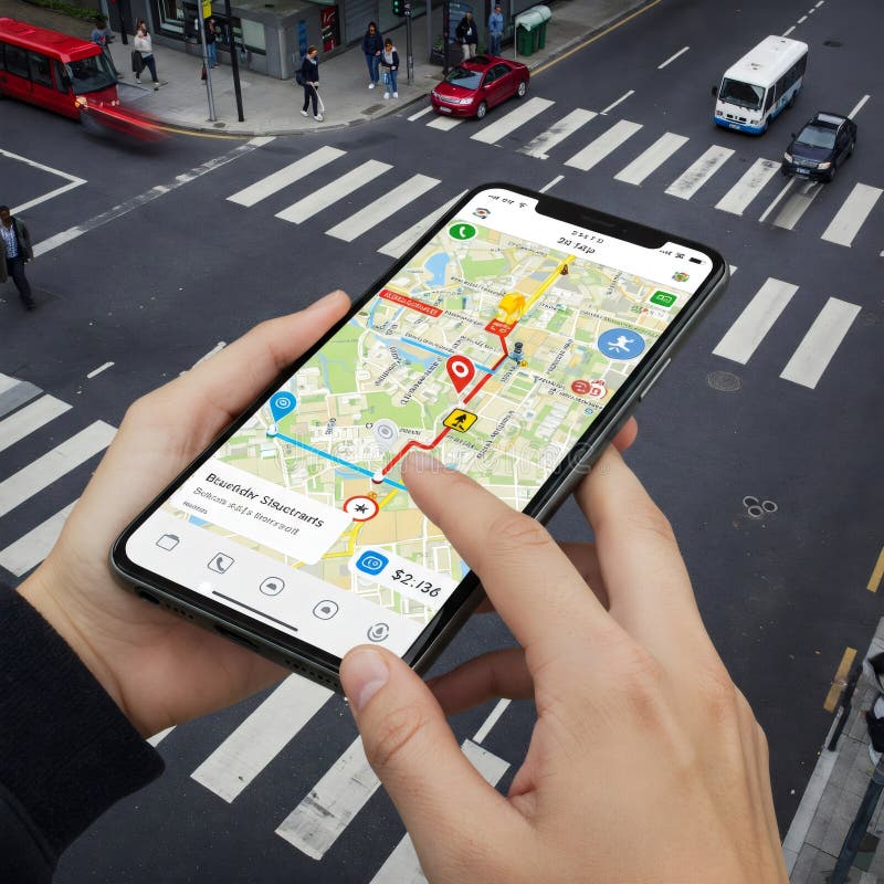 Commuter Using Navigation App on Smartphone while Crossing Street Stock ...