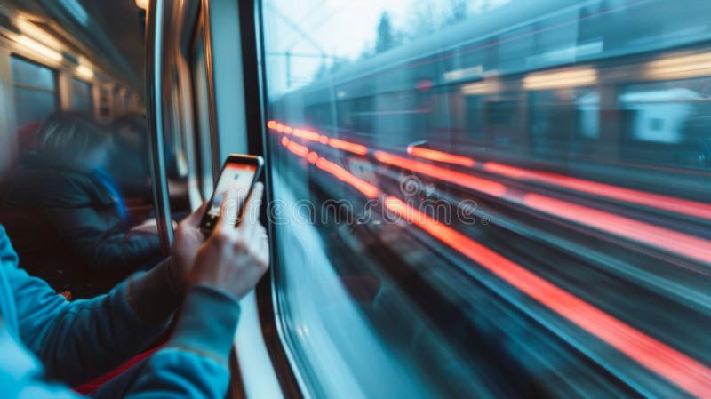 Commuter Using Smartphone on High-Speed Train. Generative Ai Stock ...