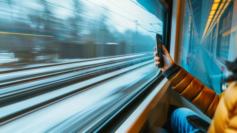 Commuter Using Smartphone on High-Speed Train. Generative Ai Stock ...